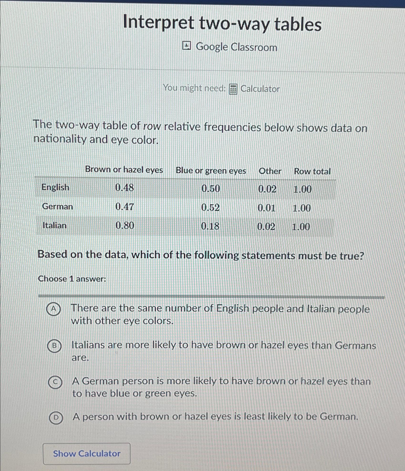 Solved Interpret two-way tablesGoogle ClassroomYou might | Chegg.com