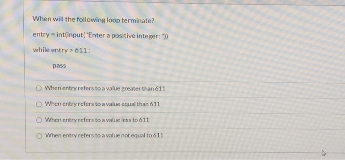 Solved When will the following loop terminate? entry = | Chegg.com