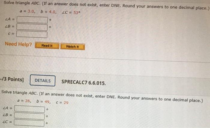 Solved Solve triangle ABC. (Round your answers to one | Chegg.com