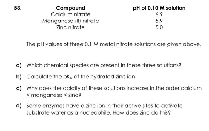 Solved The pH values of three 0.1M metal nitrate solutions | Chegg.com