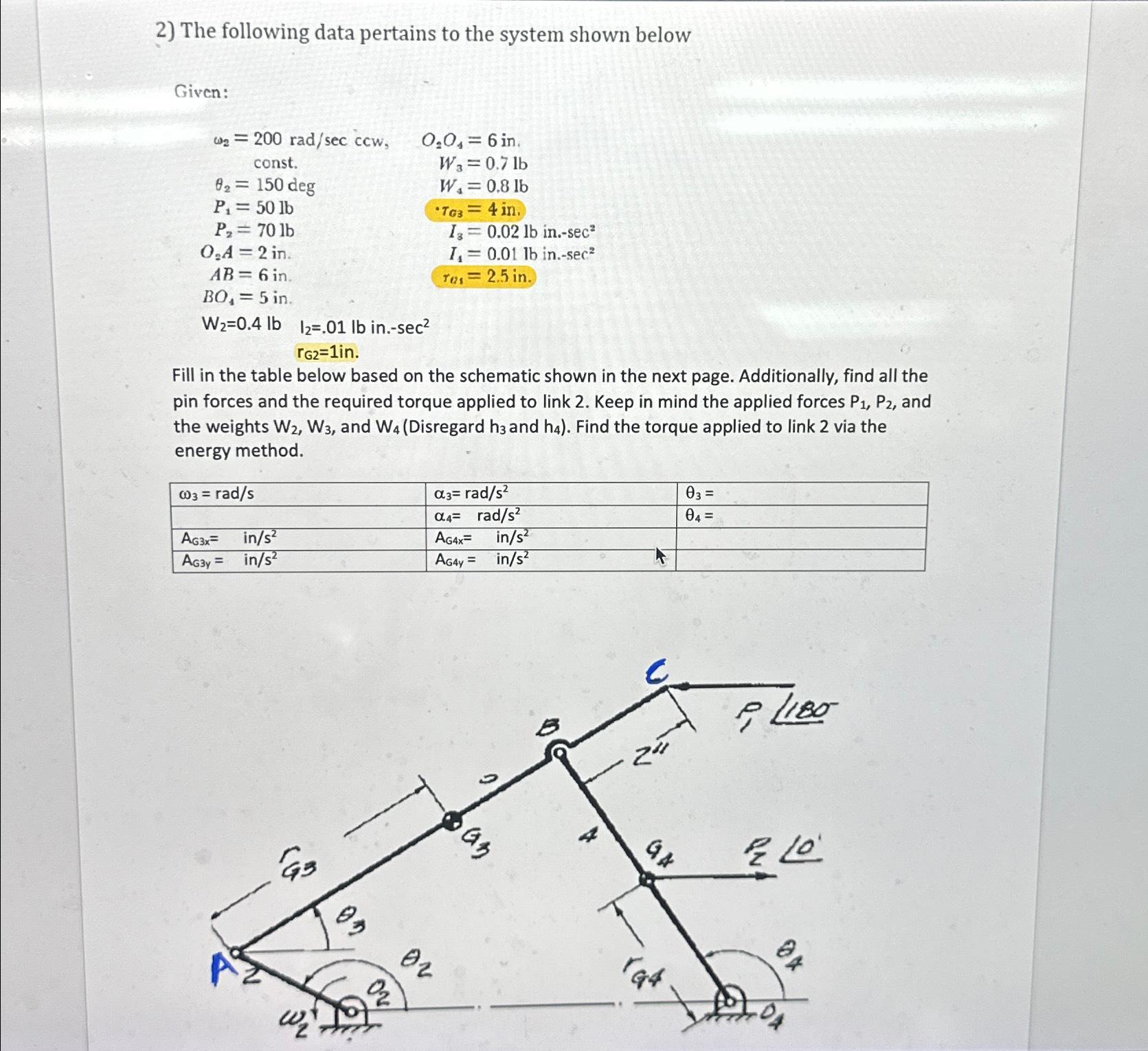 Solved The following data pertains to the system shown | Chegg.com