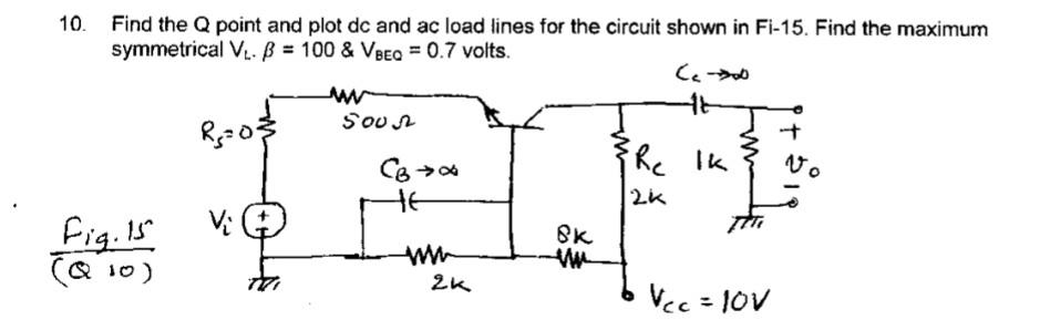 Solved 10. Find the Q point and plot dc and ac load lines | Chegg.com