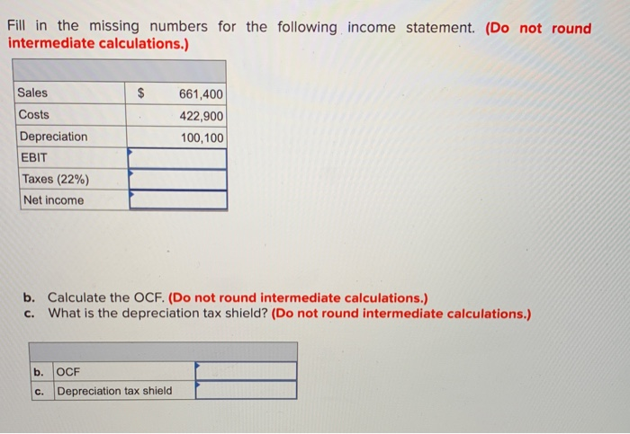 Solved Fill in the missing numbers for the following income | Chegg.com