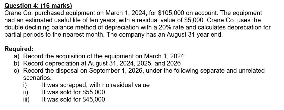 Solved Question 4: (16 ﻿marks)Crane Co. ﻿purchased equipment | Chegg.com