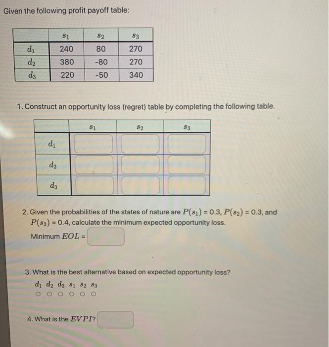 Solved Given the following profit payoff table: 81 $2 $3 d₁ | Chegg.com