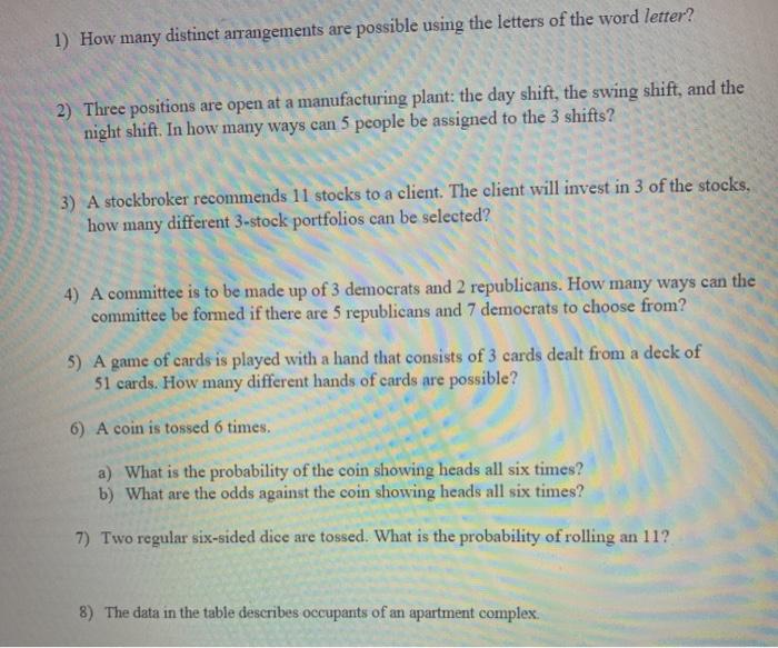 Solved 1) How many distinct arrangements are possible using | Chegg.com