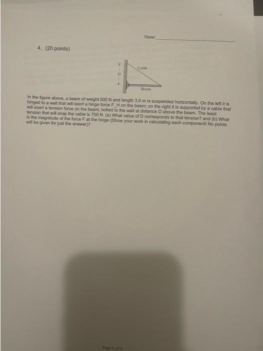 Solved 4. (20 points) In the figure above, a beam of weight | Chegg.com