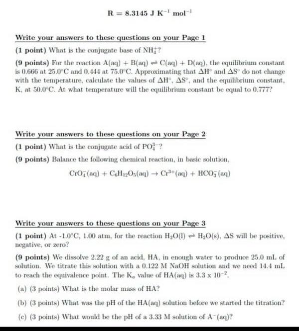Solved R=8.3145 J K−1 mol−1 Write your answers to these | Chegg.com