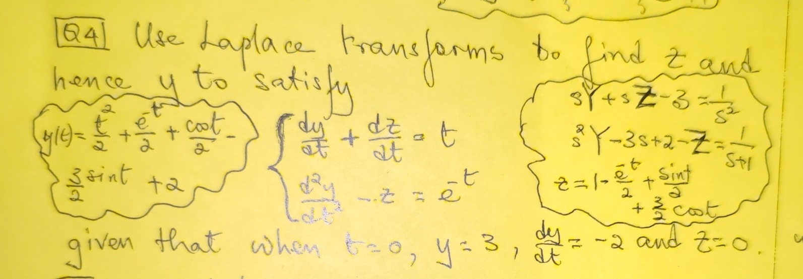 Solved Q4) ﻿Use Laplace transforms to find z ﻿and hence y | Chegg.com
