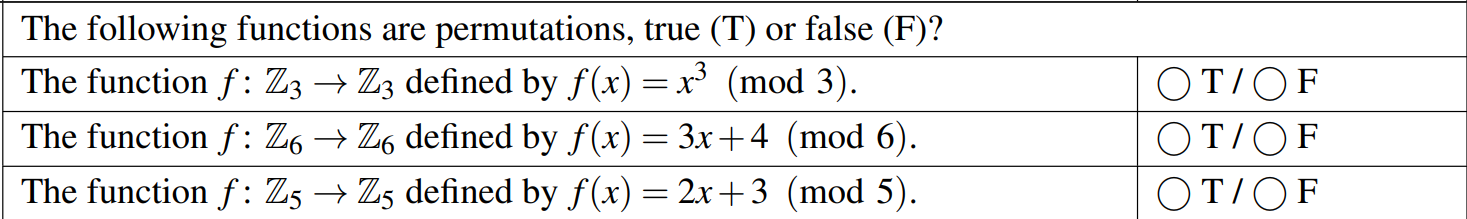 Solved The following functions are permutations, true (T) | Chegg.com