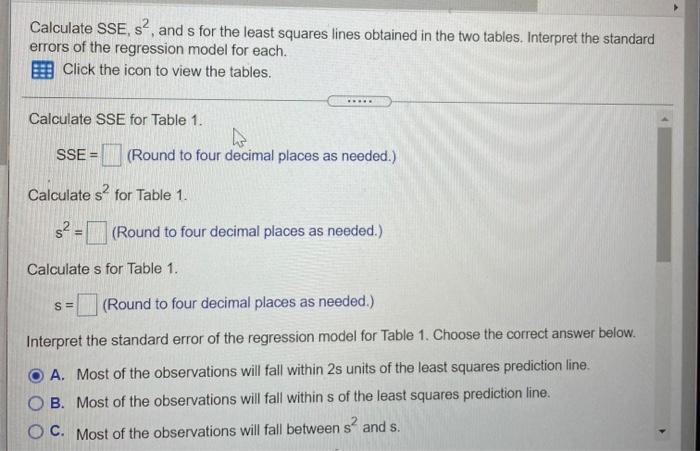 Solved Calculate SSE, S2, and s for the least squares lines | Chegg.com