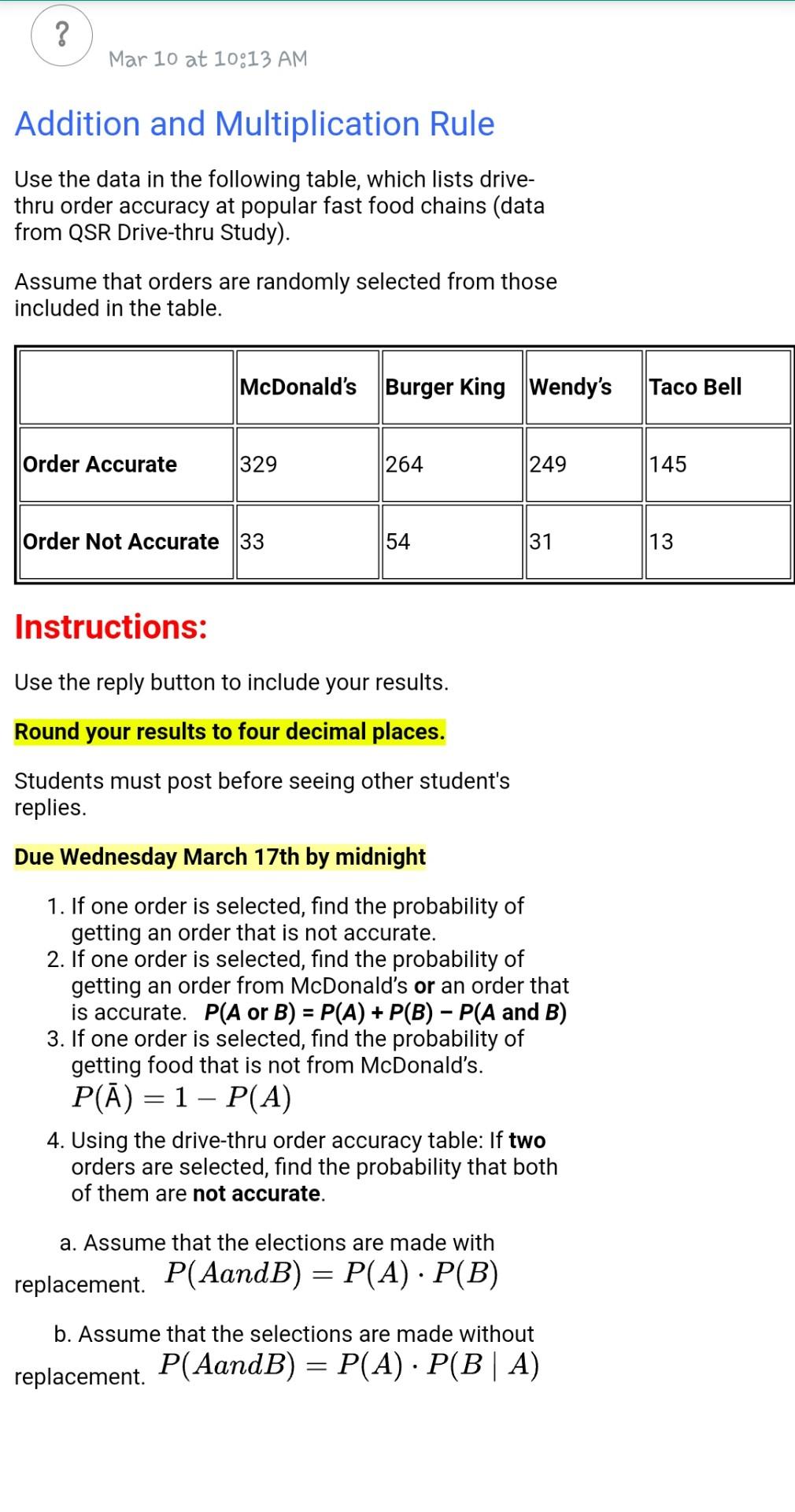 Solved ? Mar 10 at 10:13 AM Addition and Multiplication Rule | Chegg.com