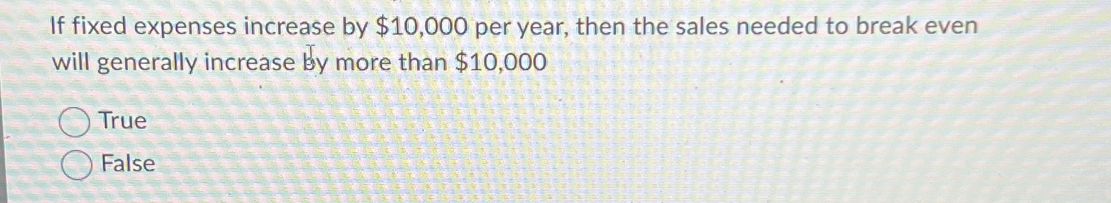 Solved If fixed expenses increase by $10,000 ﻿per year, then | Chegg.com