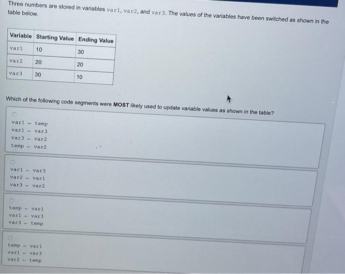 Solved Three numbers are stored in variables varl, var2, and | Chegg.com