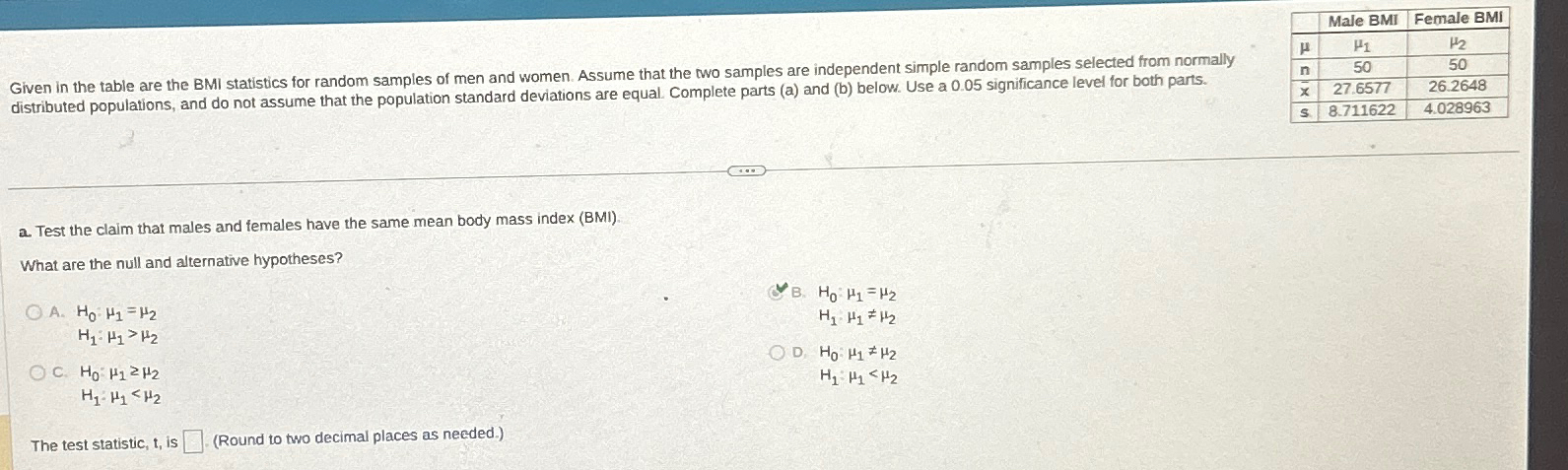 Solved Given in the table are the BMI statistics for random | Chegg.com