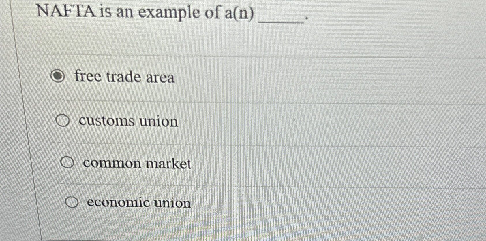 Solved NAFTA is an example of a(n)free trade areacustoms | Chegg.com