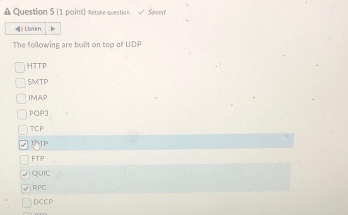 Solved The following are built on top of UDP HTTP SMTP IMAP | Chegg.com