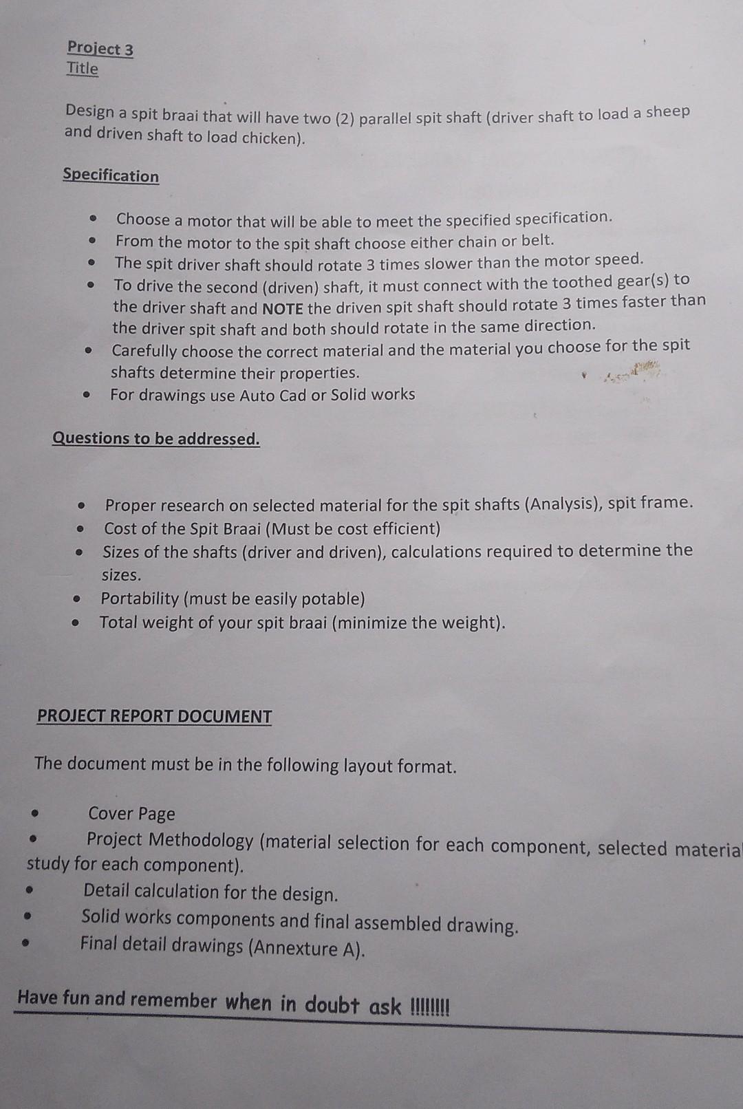 Design a spit braai that will have two (2) parallel | Chegg.com