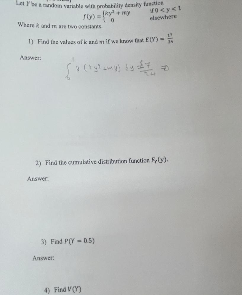 Solved Let Y ﻿be a random variable with probability density | Chegg.com