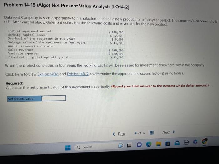 Problem 14-18 (Algo) Net Present Value Analysis | Chegg.com