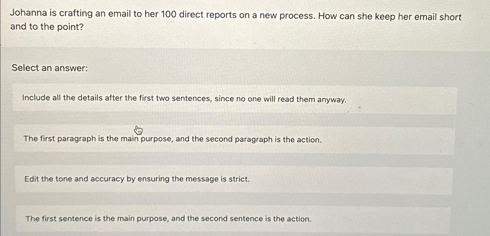 Solved Johanna is crafting an email to her 100 ﻿direct | Chegg.com