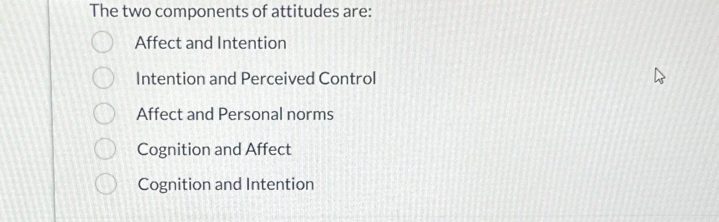 Solved The two components of attitudes are:Affect and | Chegg.com