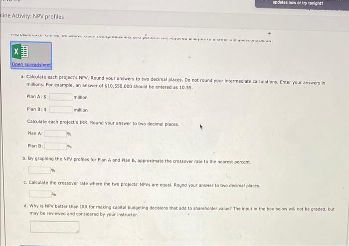 Solved Excel Online Structured Activity: NPV profiles A | Chegg.com