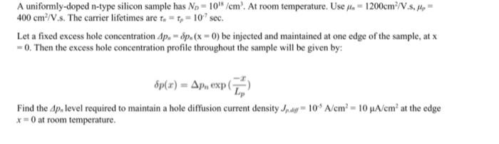 Solved A uniformly-doped n-type silicon sample has | Chegg.com