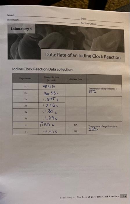 lodine Clock Reaction Data collection Laburabory 4 . | Chegg.com