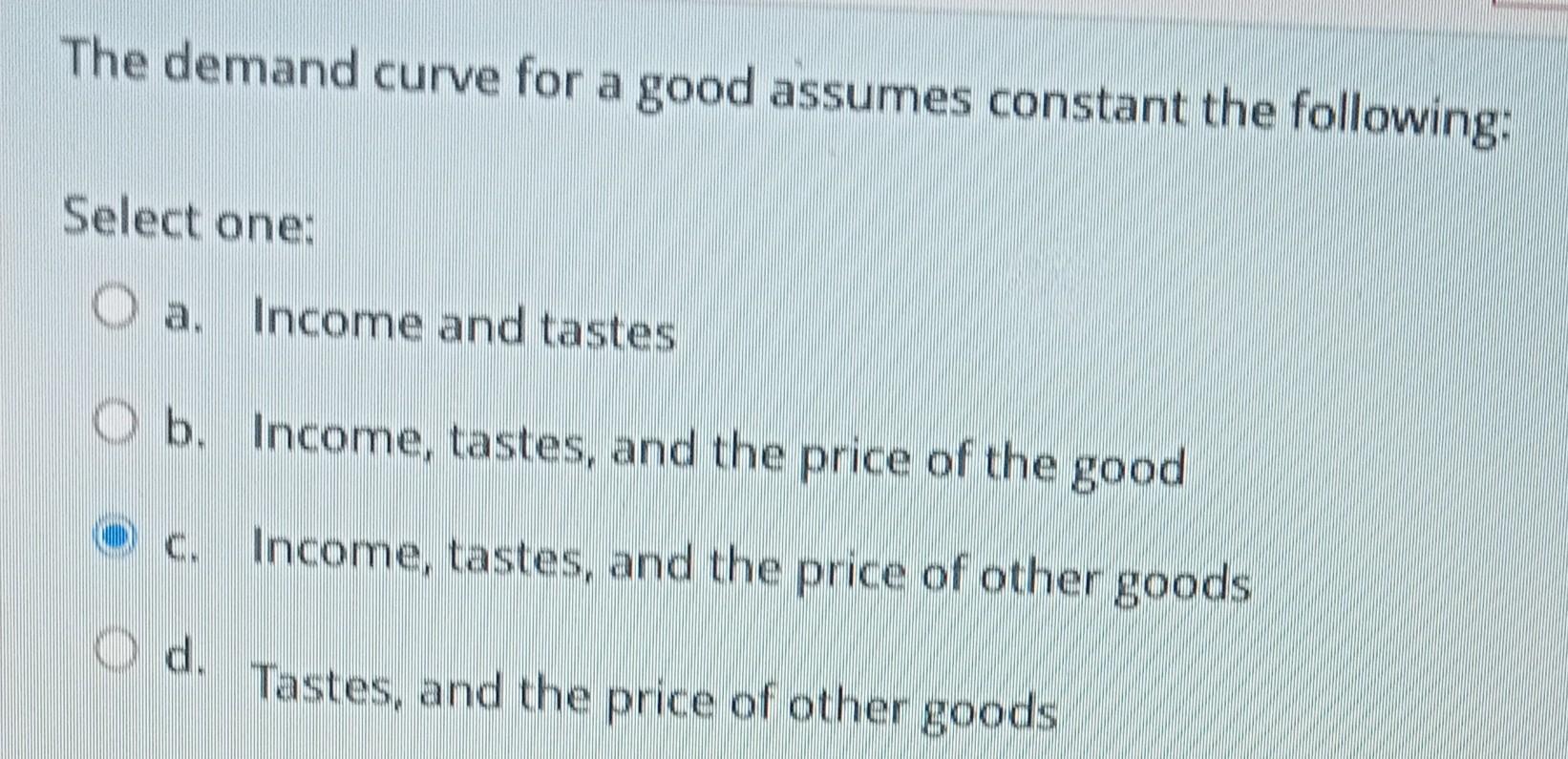 Solved The demand curve for a good assumes constant the | Chegg.com
