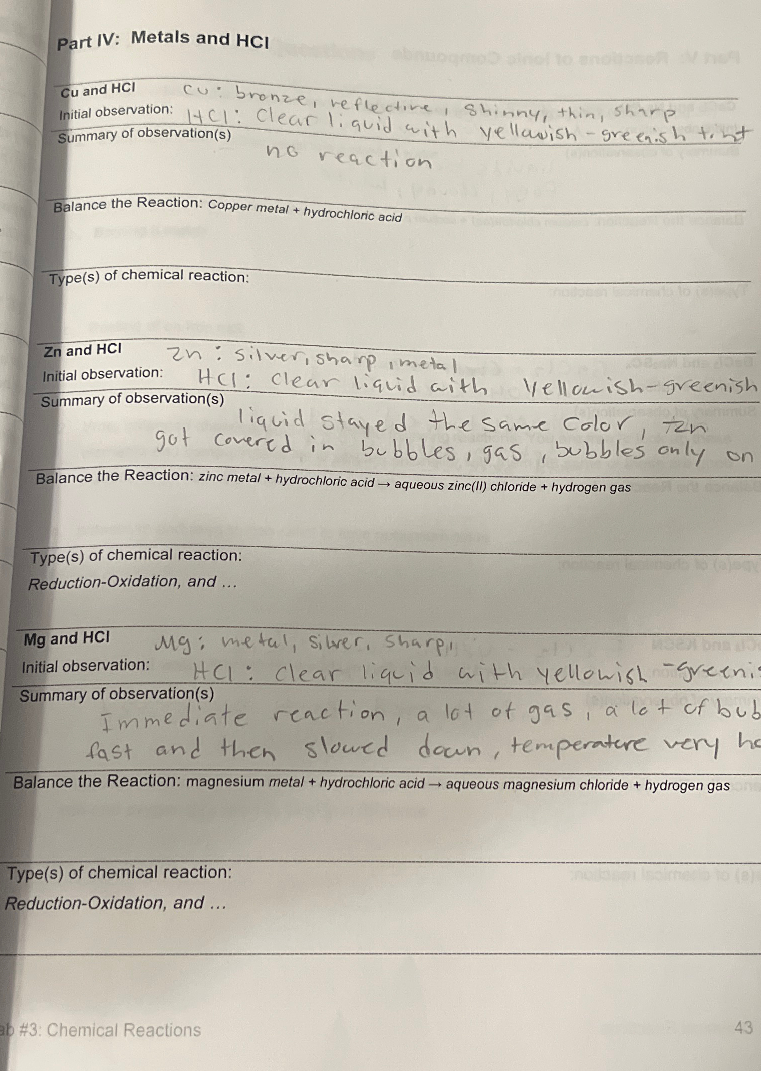 Solved Part IV: Metals and HClCuand HCl ﻿Cu: bronze, | Chegg.com
