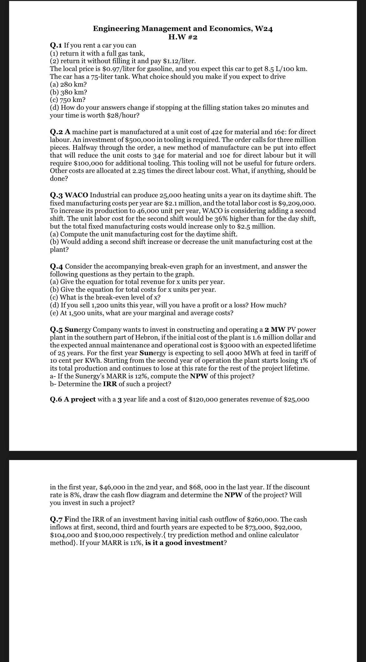 Solved Engineering Management and Economics, W24H.W #2Q. 1 | Chegg.com