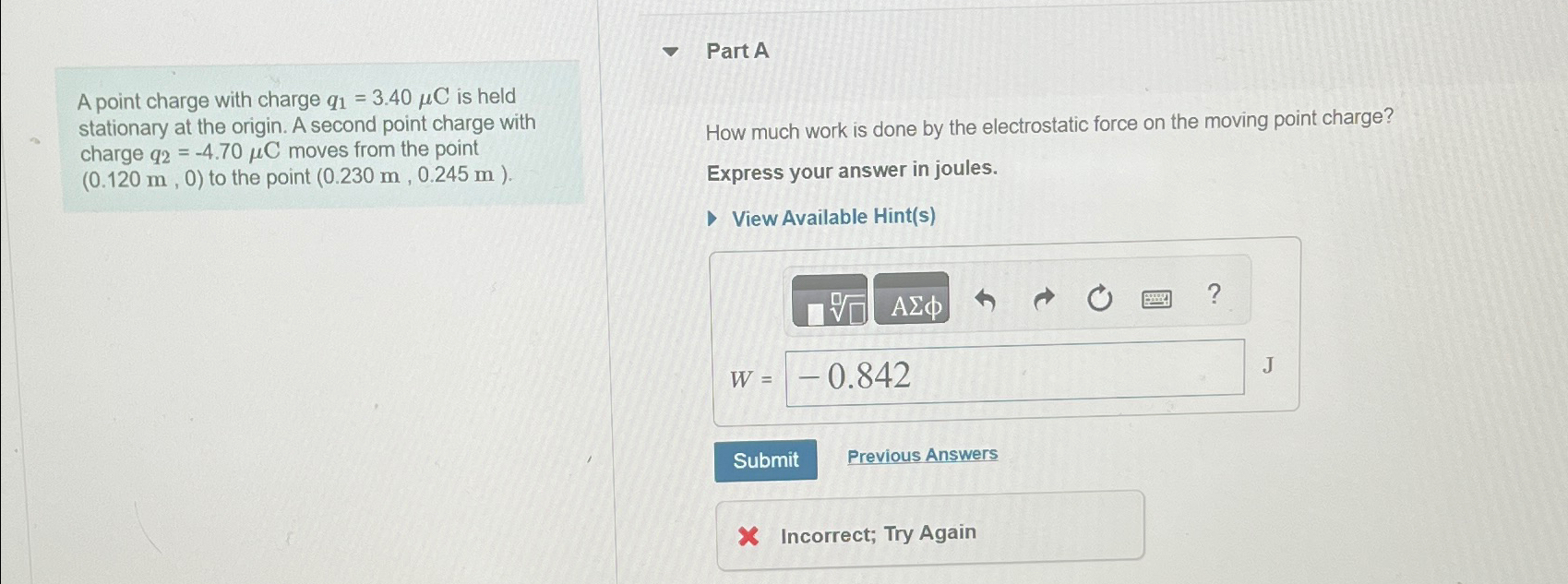 Solved Part AA point charge with charge q1=3.40μC ﻿is held | Chegg.com