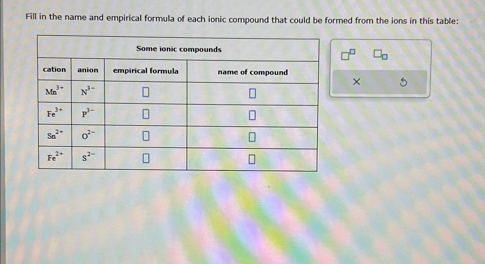 Solved Fill in the name and empirical formula of each ionic | Chegg.com