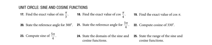 Solved UNIT CIRCLE: SINE AND COSINE FUNCTIONS 17. Find the | Chegg.com