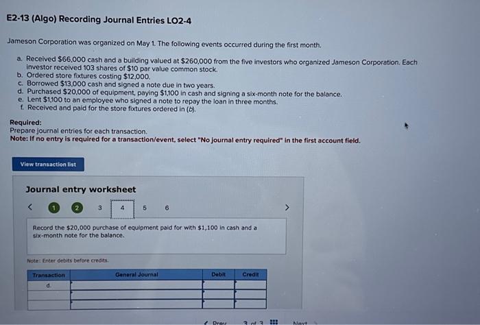 Solved E2-13 (Algo) Recording Journal Entries LO2-4 Jameson | Chegg.com
