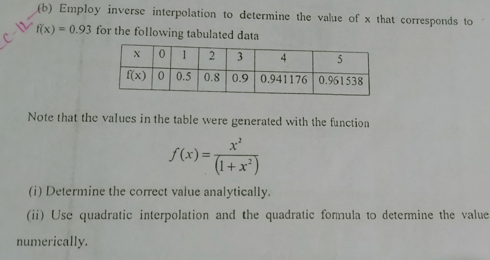 (b) ﻿Employ inverse interpolation to determine the | Chegg.com