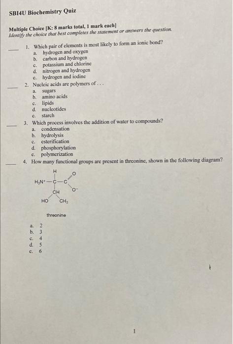 Solved SBI4U Biochemistry Quiz a. Multiple Choice [K: 8 | Chegg.com