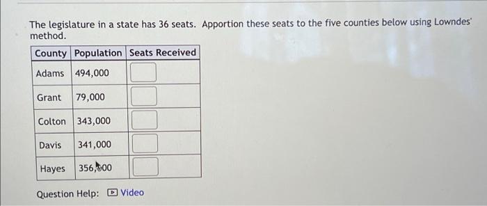 Solved The legislature in a state has 36 seats. Apportion | Chegg.com