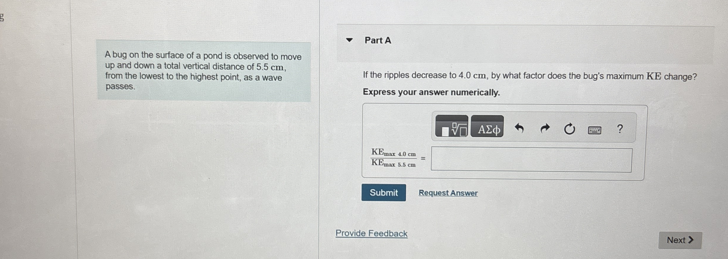 Solved A bug on the surface of a pond is observed to move up | Chegg.com