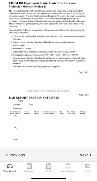 Solved CHEM 101 Experiment Lewis: Lewis Structures and | Chegg.com