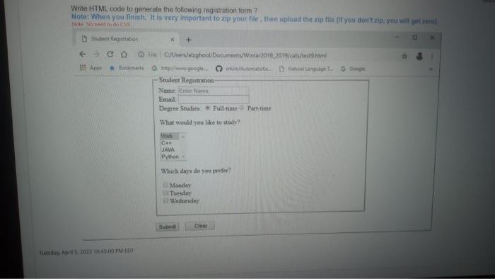 Solved Write HTML code to generate the following | Chegg.com