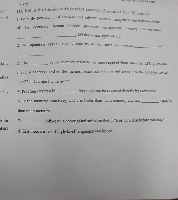 Solved III. Fill in the blanks with correct answers. ( 2 | Chegg.com