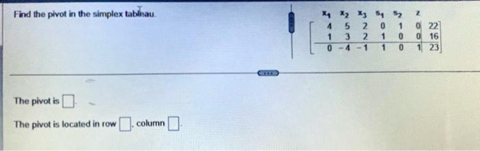 Solved Find the pivot in the simplex tablinau The pivot is | Chegg.com