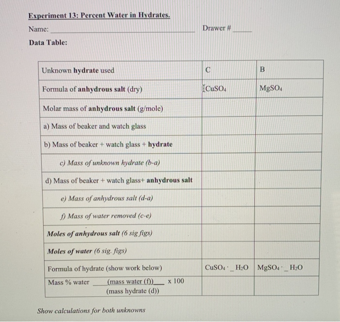 Solved Experiment 13: Percent Water in Hydrates. Name: | Chegg.com