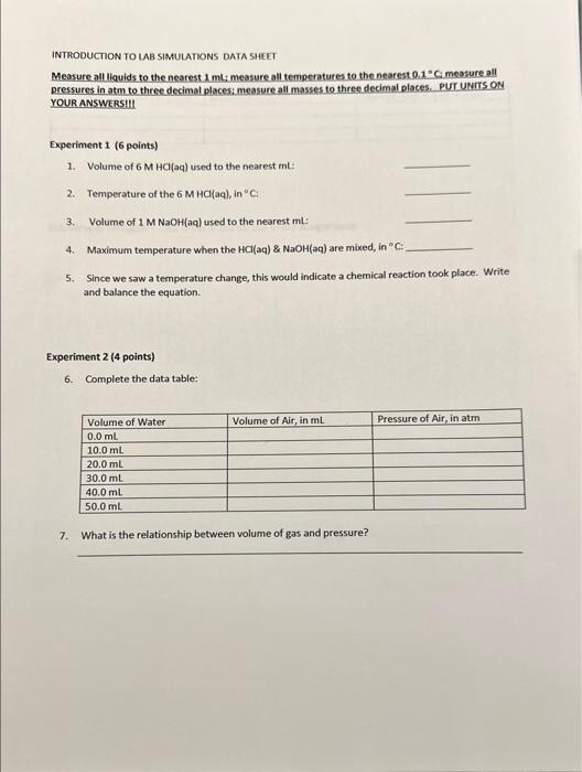 INTRODUCTION TO LAB SIMULATIONS DATA SHEET Measure | Chegg.com