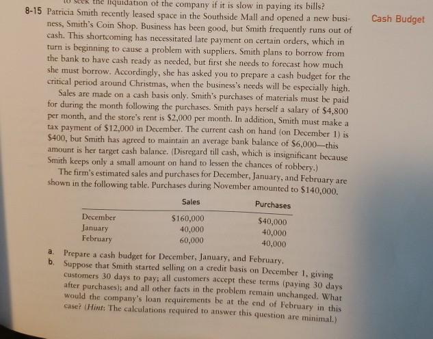 Solved Cash Budget the liquidation of the company if it is | Chegg.com