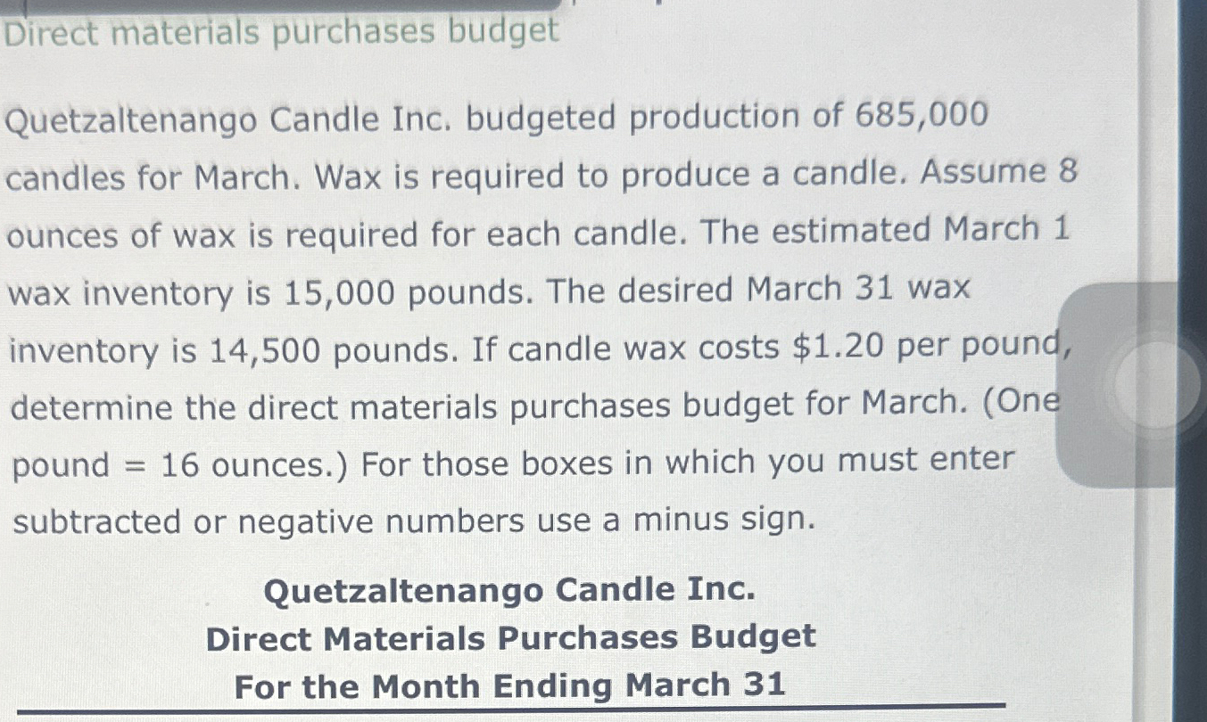Solved Direct materials purchases budgetQuetzaltenango | Chegg.com