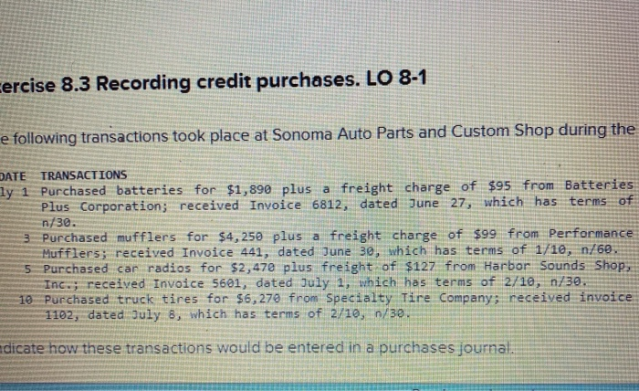 Solved cercise 8.3 Recording credit purchases. LO 8-1 e | Chegg.com