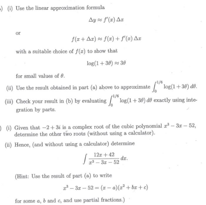 (i) Use the linear approximation formula Δy≈f′(x)Δx | Chegg.com